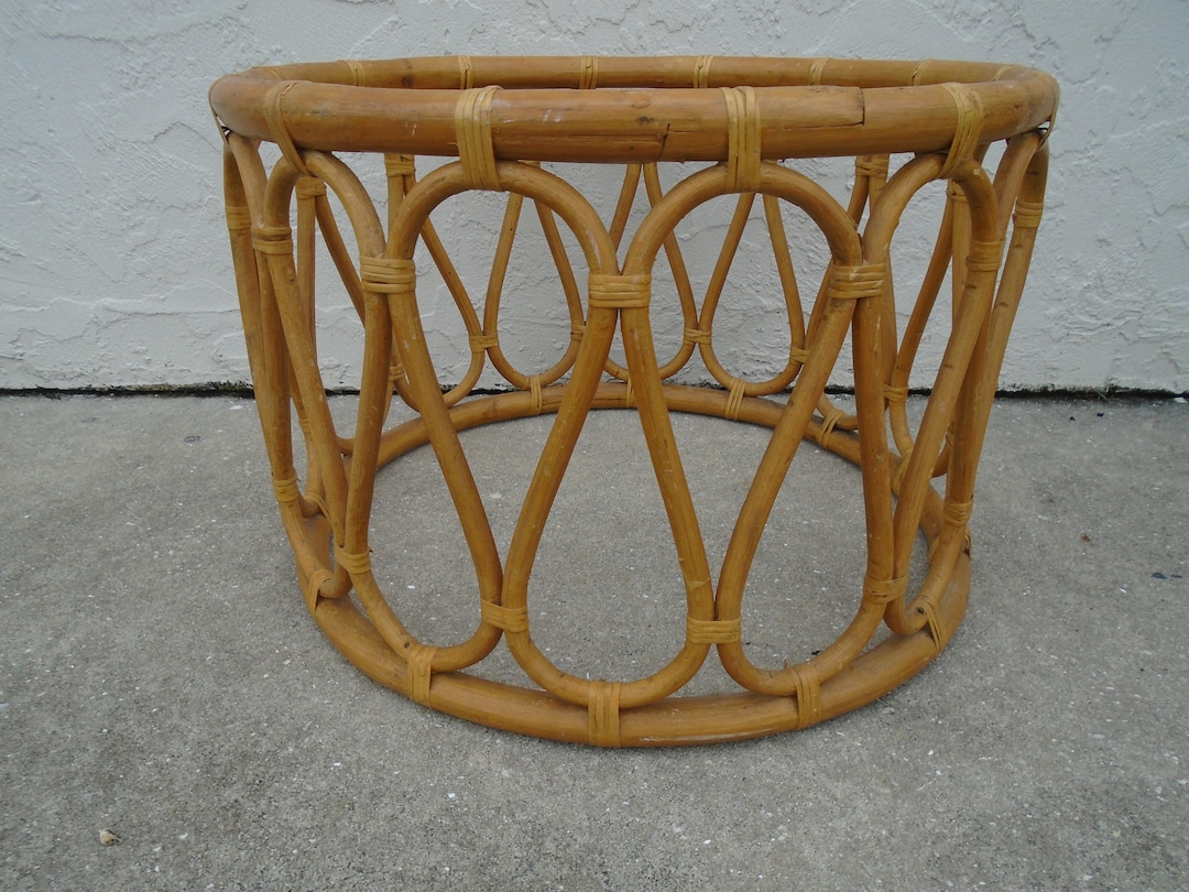Bamboo Round Base Ottoman Stool Table Footrest Rattan Hollywood Regency ...