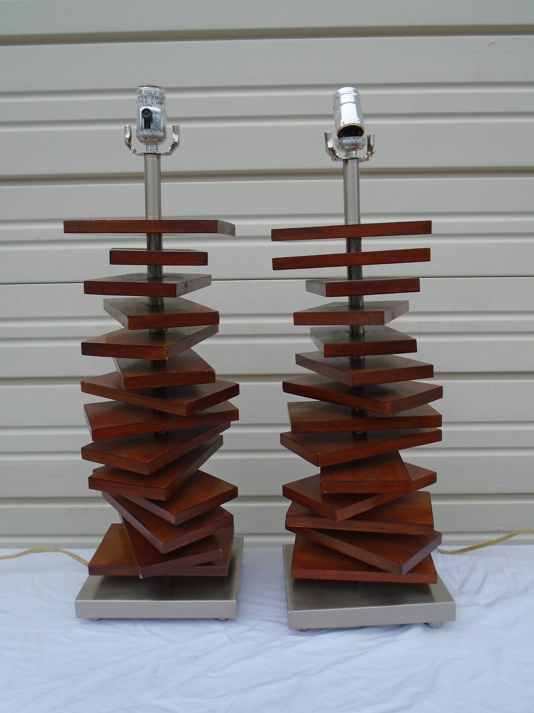 Set 2 Table Lamps Art Deco Mid-century Modern Stacked Wood MCM ...