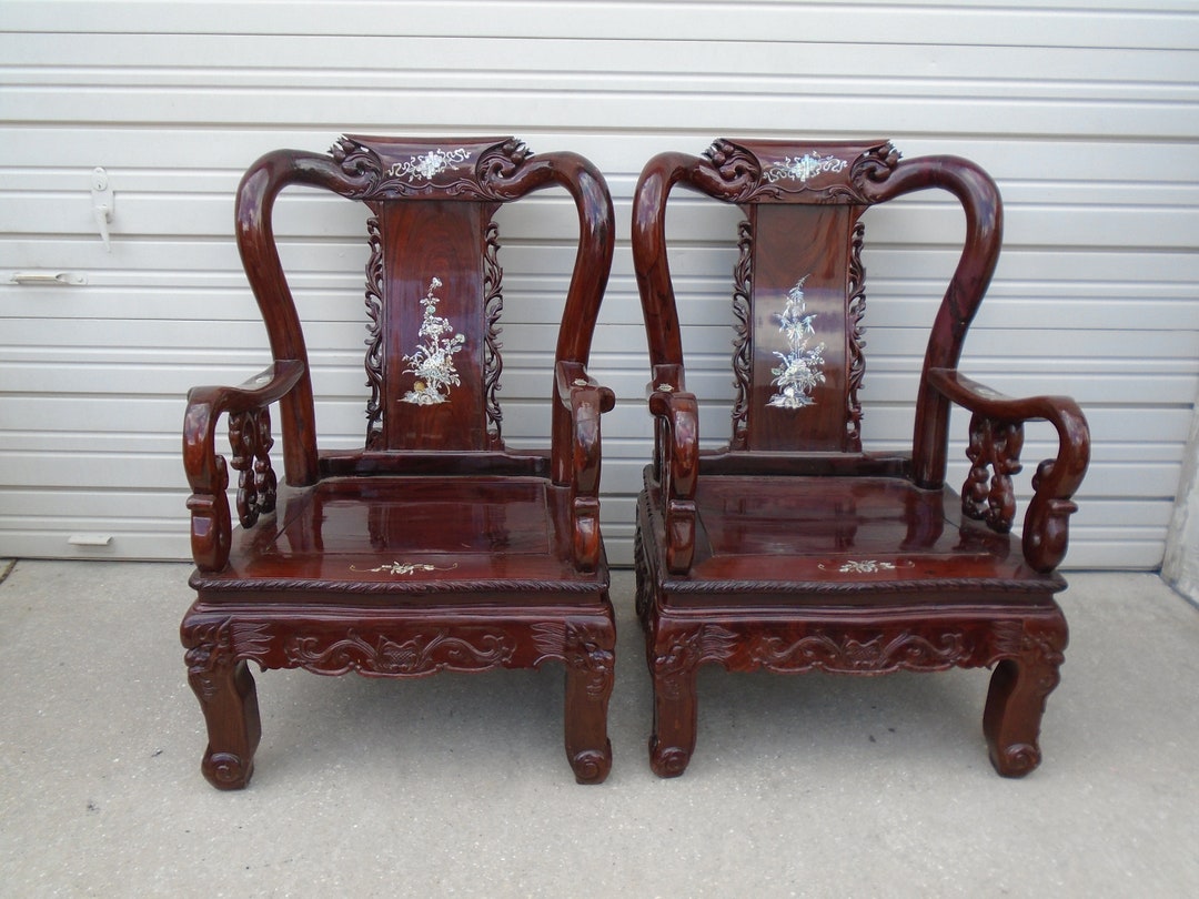 Set 2 Asian Lounge Chairs Inlaid Mother of Pearl Throne Imperial ...
