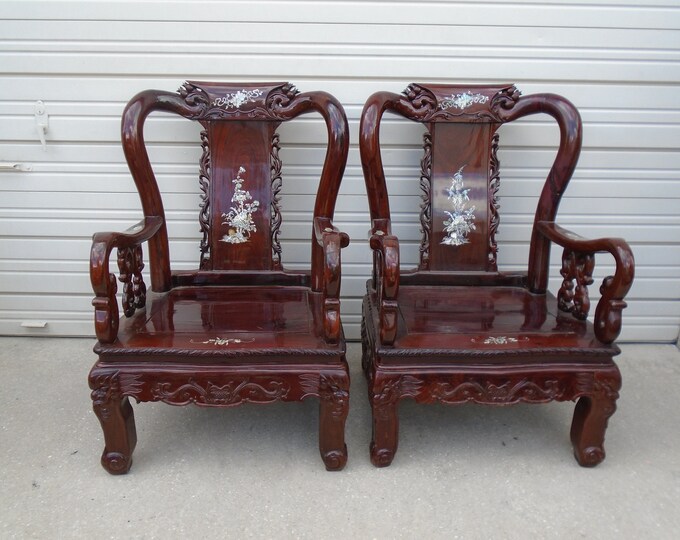 Pair Asian Lounge Chairs Inlaid Mother of Pearl Throne Imperial ...