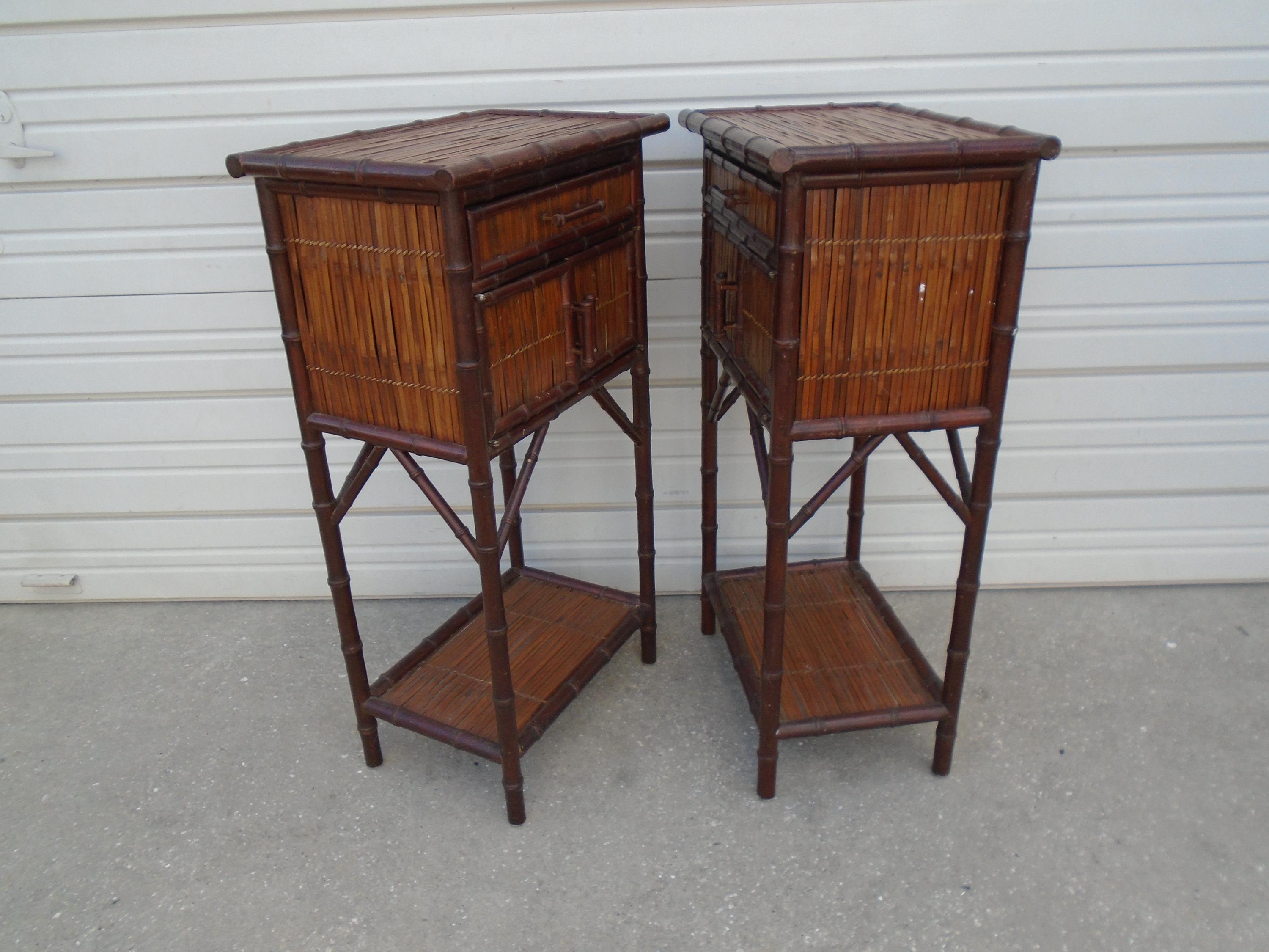Pair Tall Bamboo Nightstands Cabinets Set 2 Split Rattan West Indies ...