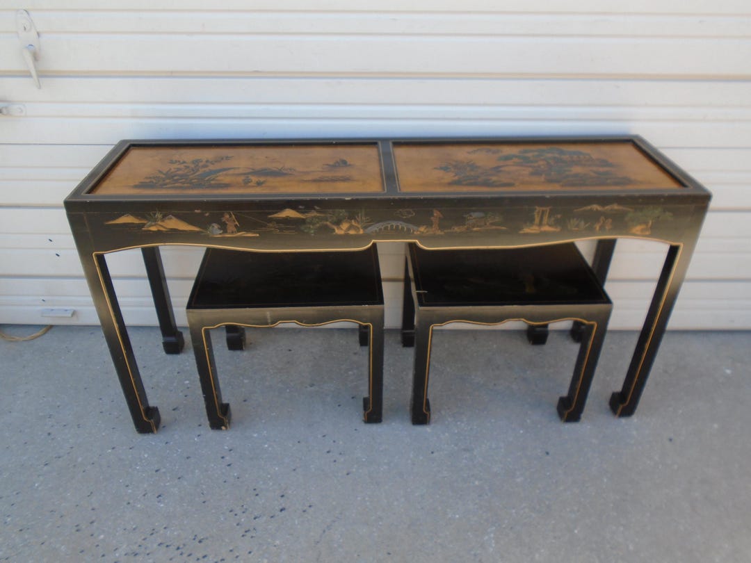 Asian Gold Console Table + 2 Stools MING Feet Chow Sofa Chinoiserie ...
