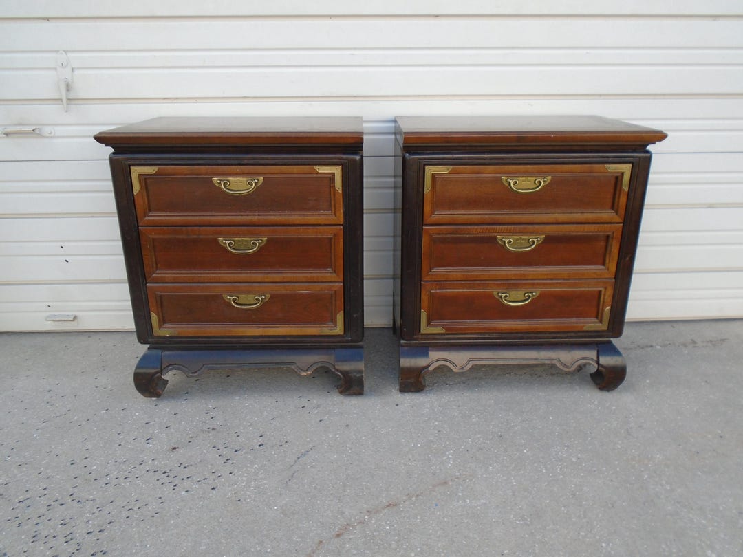Set 2 Asian Broyhill Premier Nightstands Burl Wood Tall Bachelor Two ...