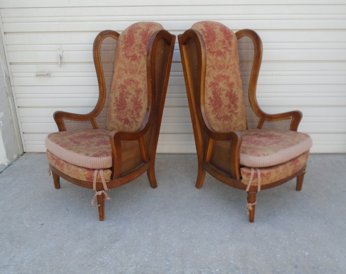 Pair Lounge Chairs Wingback Cane Narrow Tall Hollywood Regency French ...