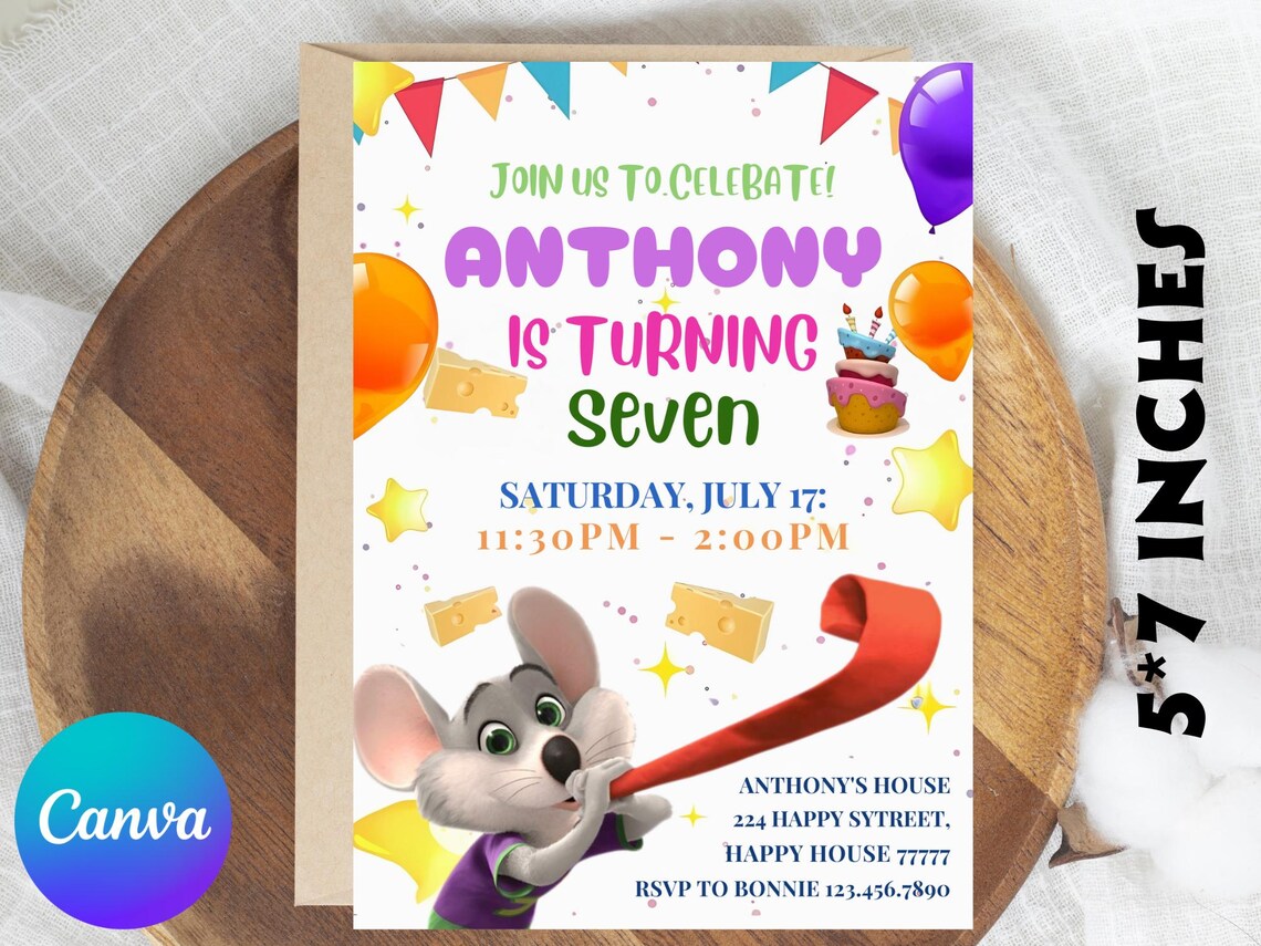 Editable Chuck E Cheese Birthday Invitation Template | Chuck Evite ...
