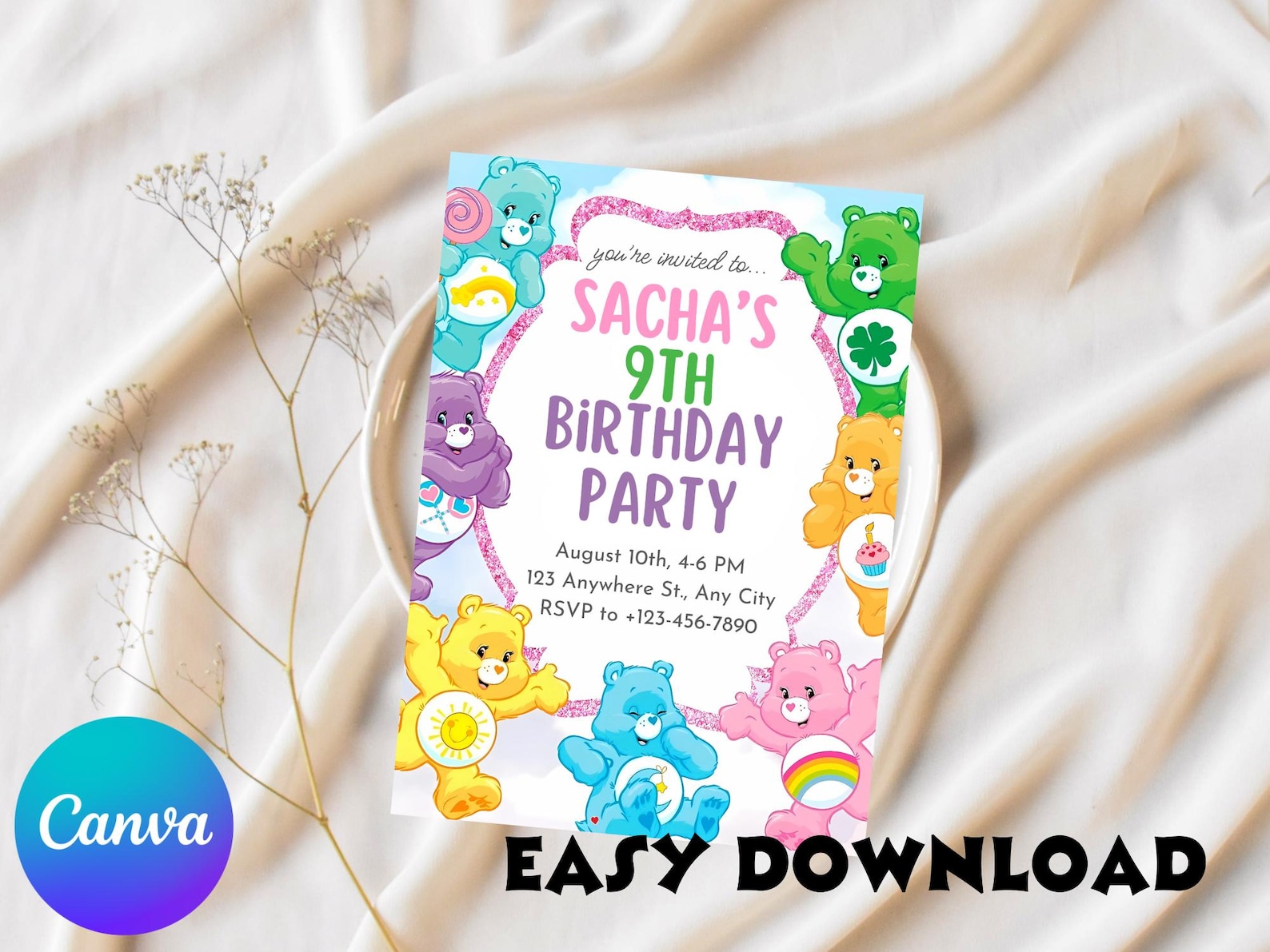 Printable Editable Care Bears Birthday Invitation, Birthday Party ...