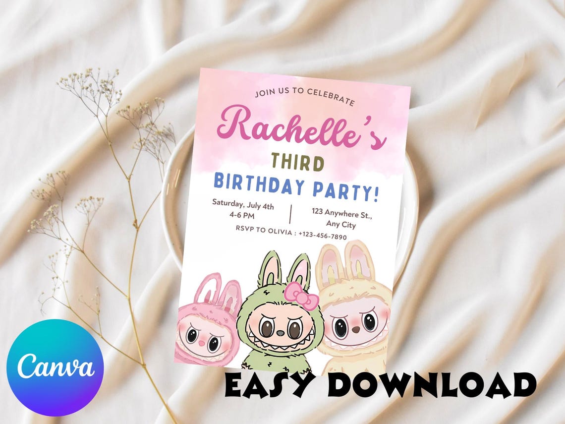 Labubu Theme Birthday Invitation | Cute Monster Labubu Invitation ...