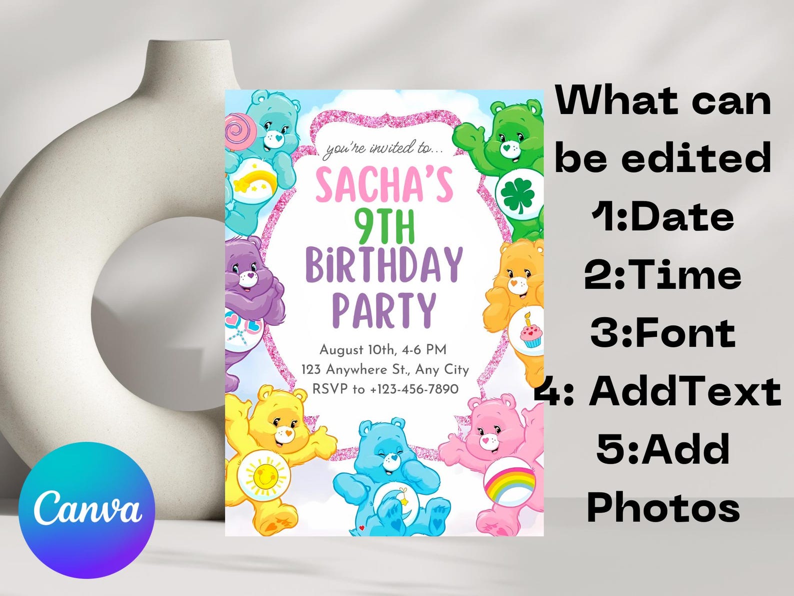 Printable Editable Care Bears Birthday Invitation, Birthday Party ...
