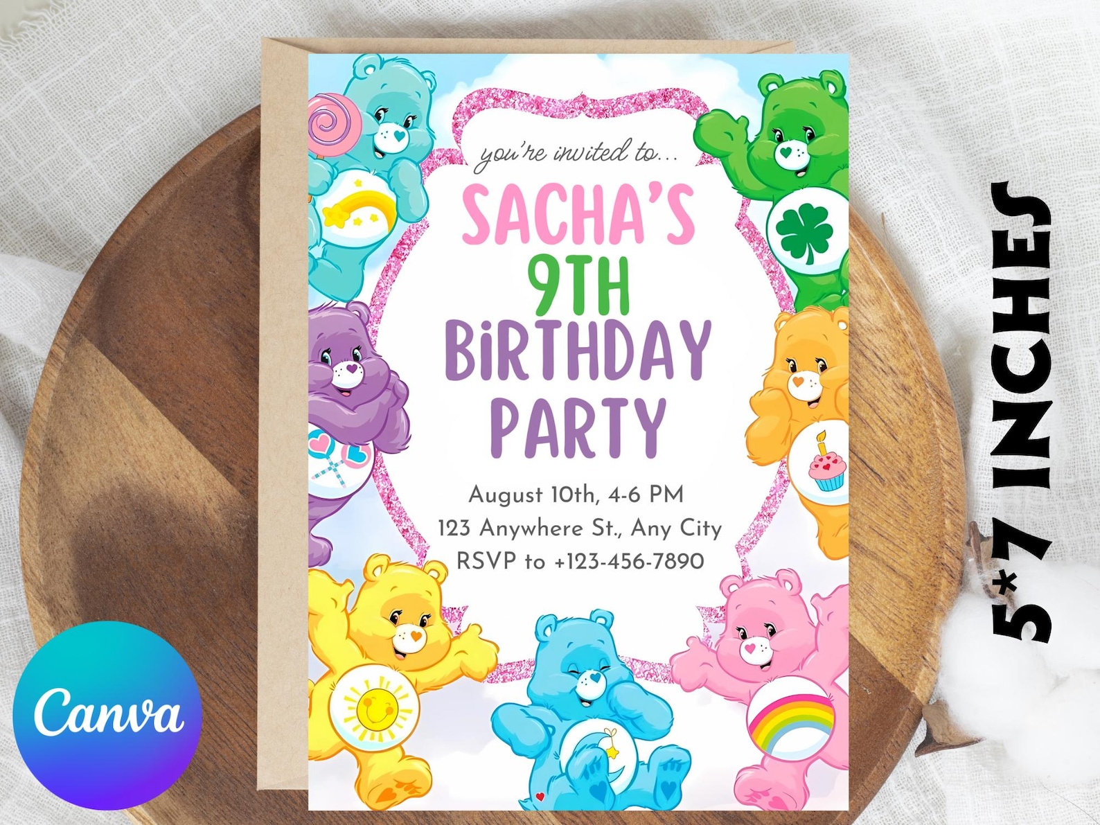 Printable Editable Care Bears Birthday Invitation, Birthday Party ...