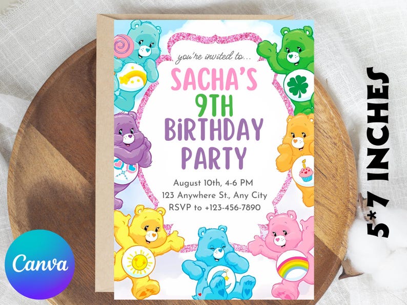 Printable Editable Care Bears Birthday Invitation, Birthday Party ...
