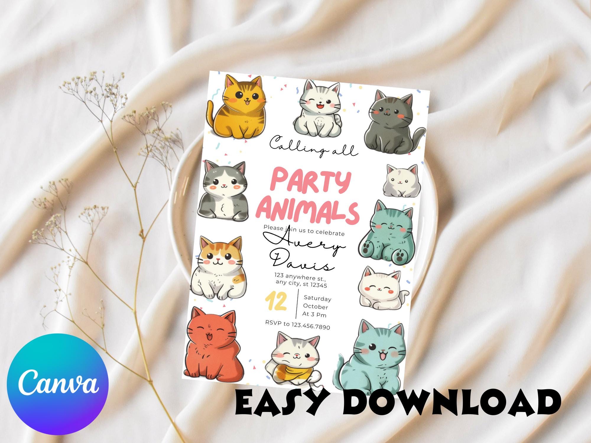Cat Themed Birthday Invitation, Cat Birthday Invite, Cat Birthday ...
