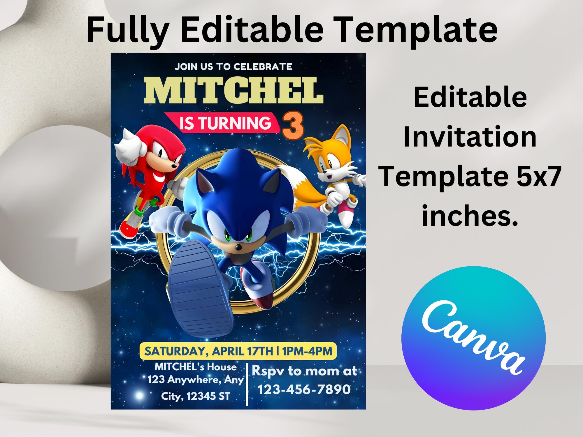 Sonic Editable Birthday Invitation | Hedgehog Party Invitation Template ...