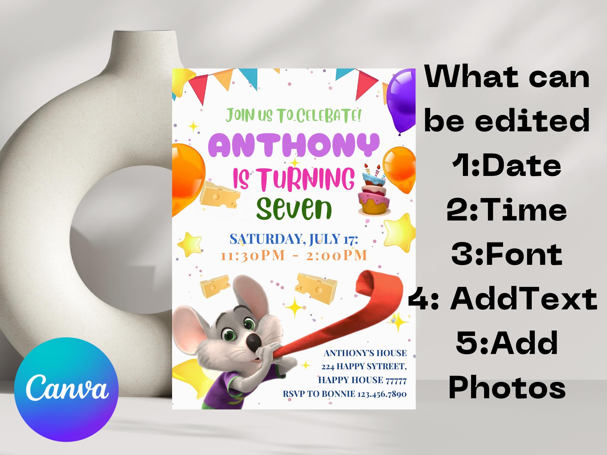 Editable Chuck E Cheese Birthday Invitation Template | Chuck Evite ...