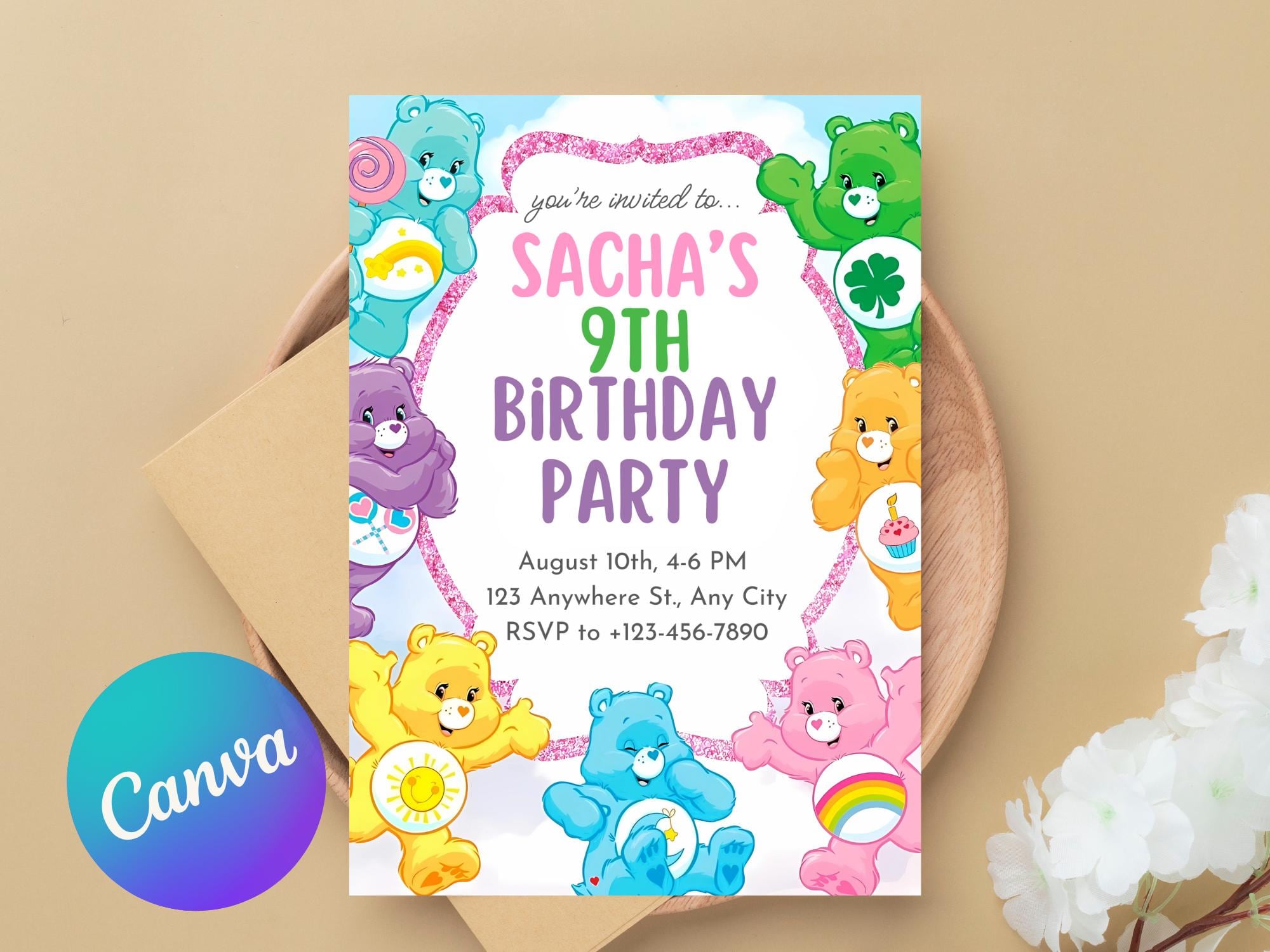 Printable Editable Care Bears Birthday Invitation, Birthday Party ...
