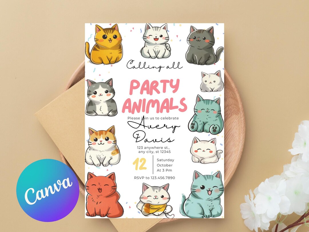 Cat Themed Birthday Invitation, Cat Birthday Invite, Cat Birthday ...