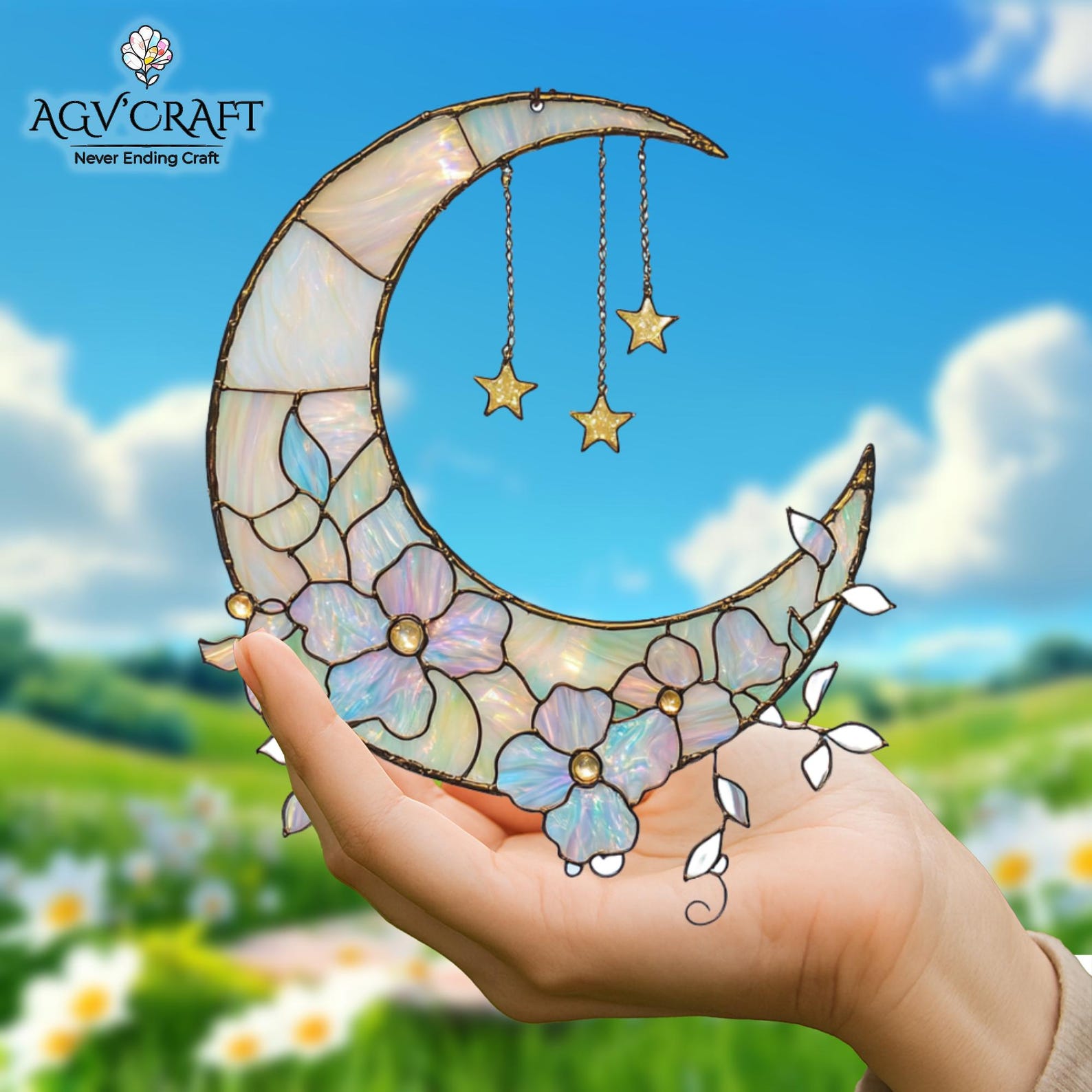 Flower Moon Stained Glass Pattern, Crescenmoon Suncatcher Temlate, Home ...
