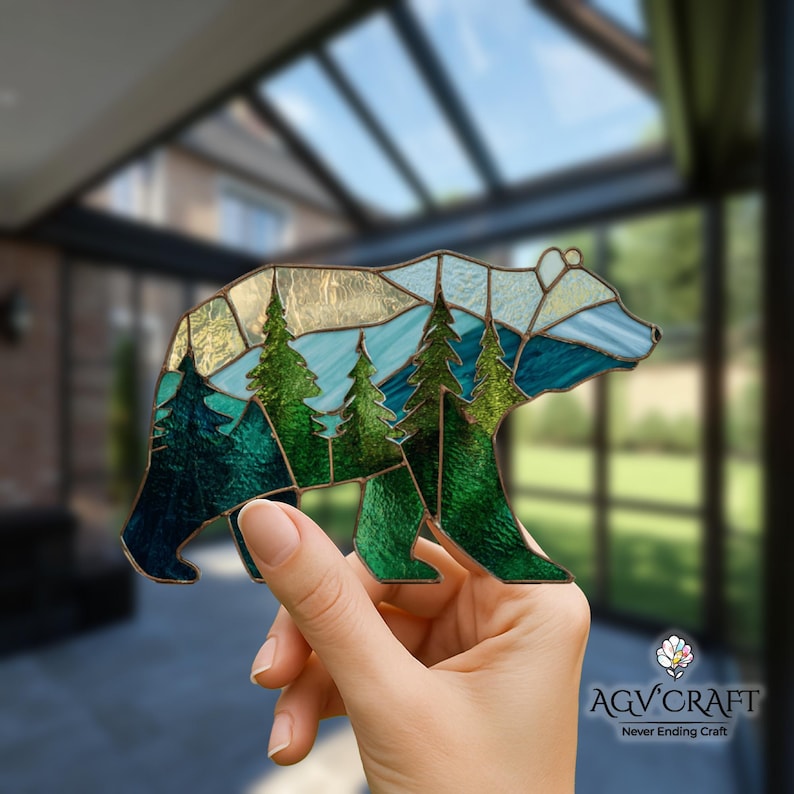 Forest Bear Stained Glass Pattern, Woodland Bear Suncatcher, Bear ...