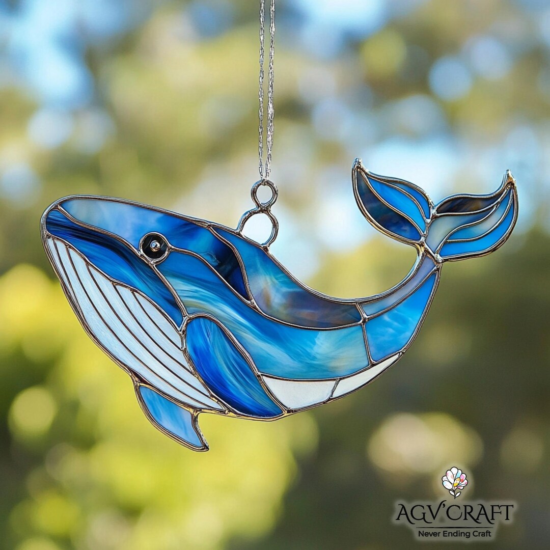 Whale Stained Glass Pattern, Whale Suncatcher, Blue Whale Decor Stained ...