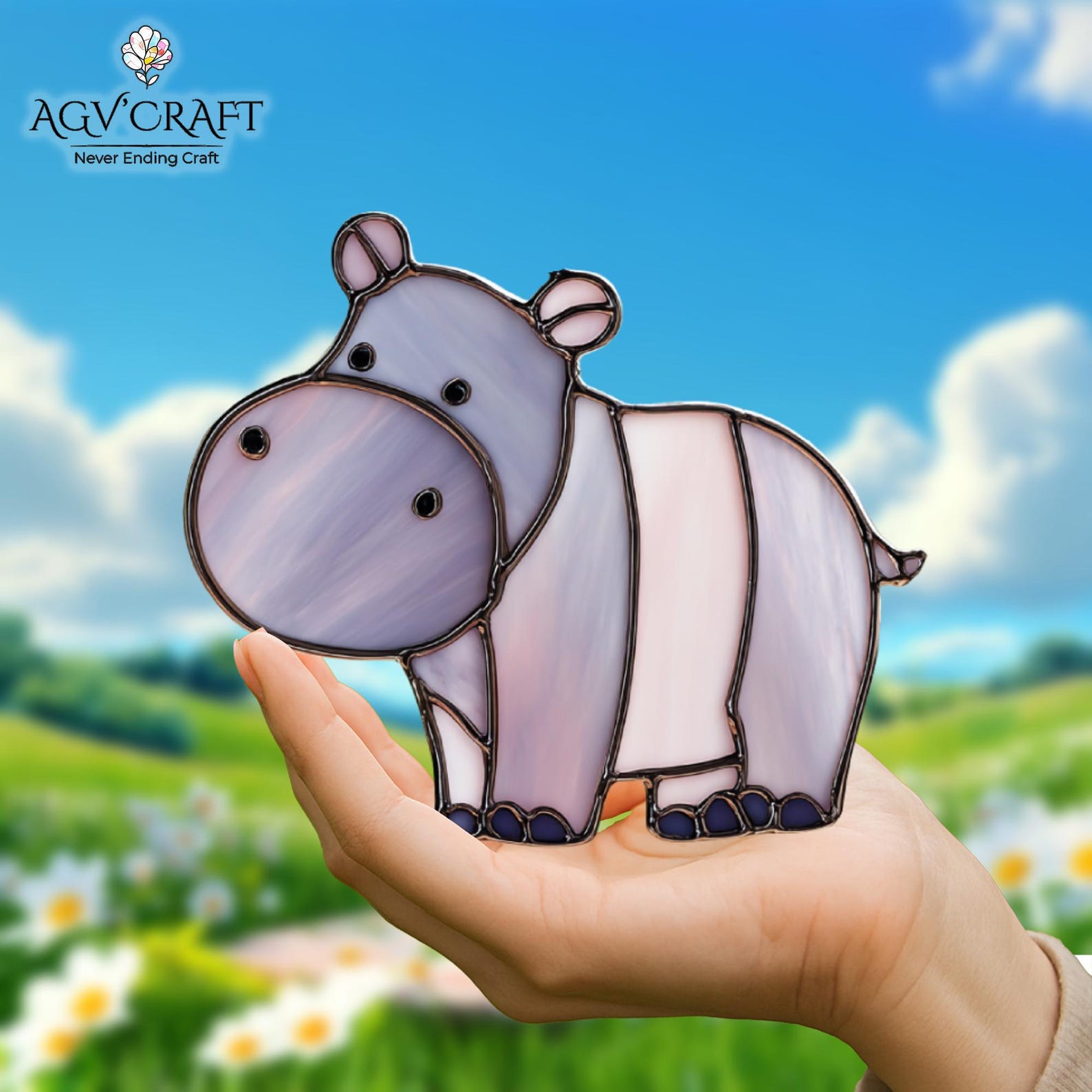 Hippo Stained Glass Pattern, Cute Hippo Suncatcher Template, Home Decor ...