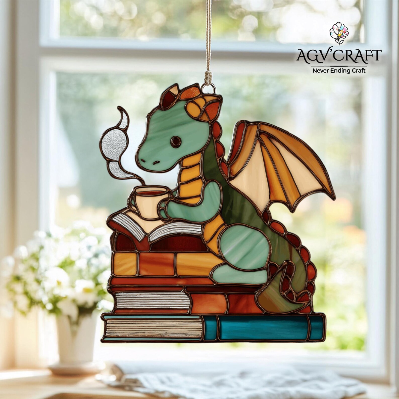 Dragon Reading Book Stained Glass Pattern, Dragon Book Suncatcher ...