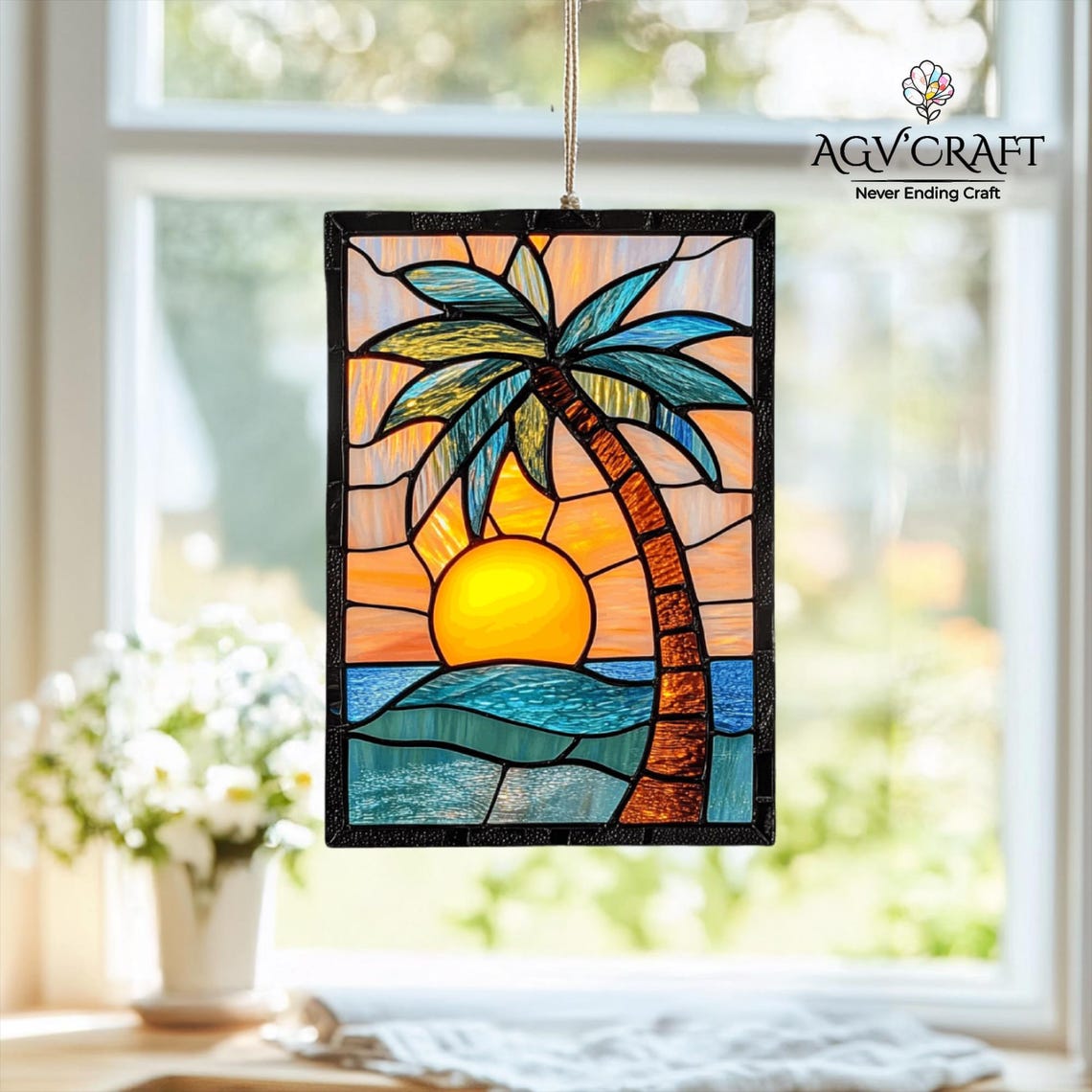Beach Sunset Stained Glass Pattern, Sunset Suncatcher, Sunset on Beach ...