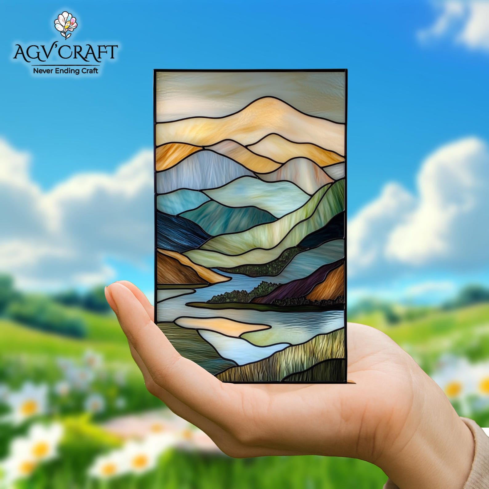 Landscape Mountain River Stained Glass Pattern, Mountain River ...