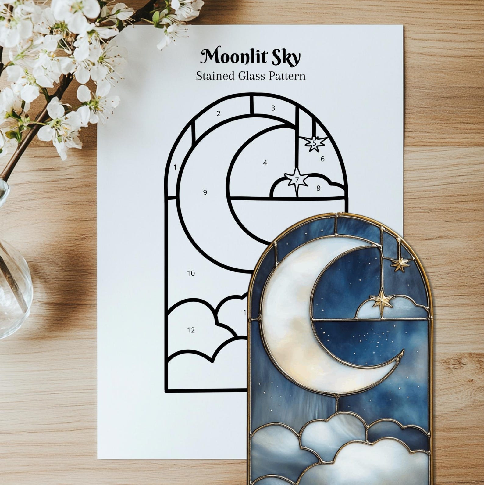 Moonlit Sky Stained Glass Pattern, Moonlit Suncatcher, Moon Stained ...