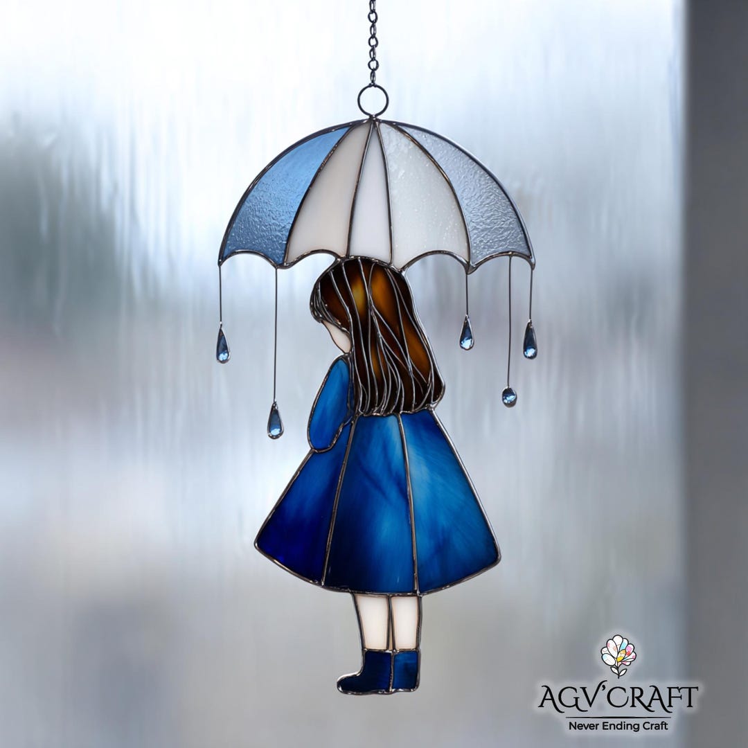 Rainy Girl Stained Glass Pattern, Rain Season Suncatcher, Girl With ...