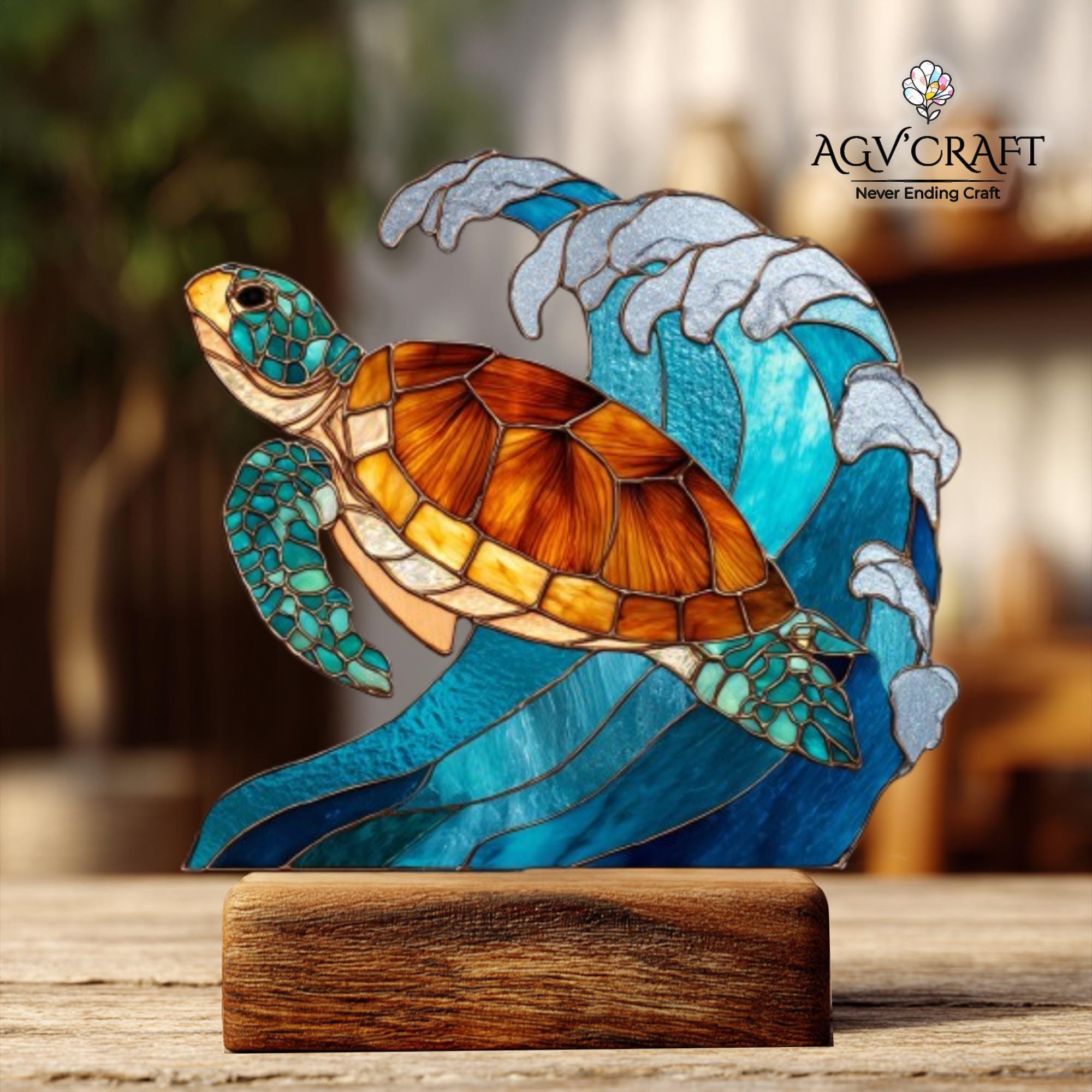 Turtle on Waves Stained Glass Pattern, Turtle With Waves Suncatcher ...