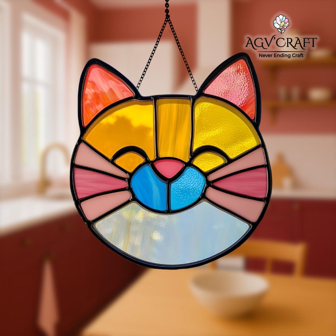 Cat Face Stained Glass Pattern, Cat Face Suncatcher, Cute Cat Stained ...