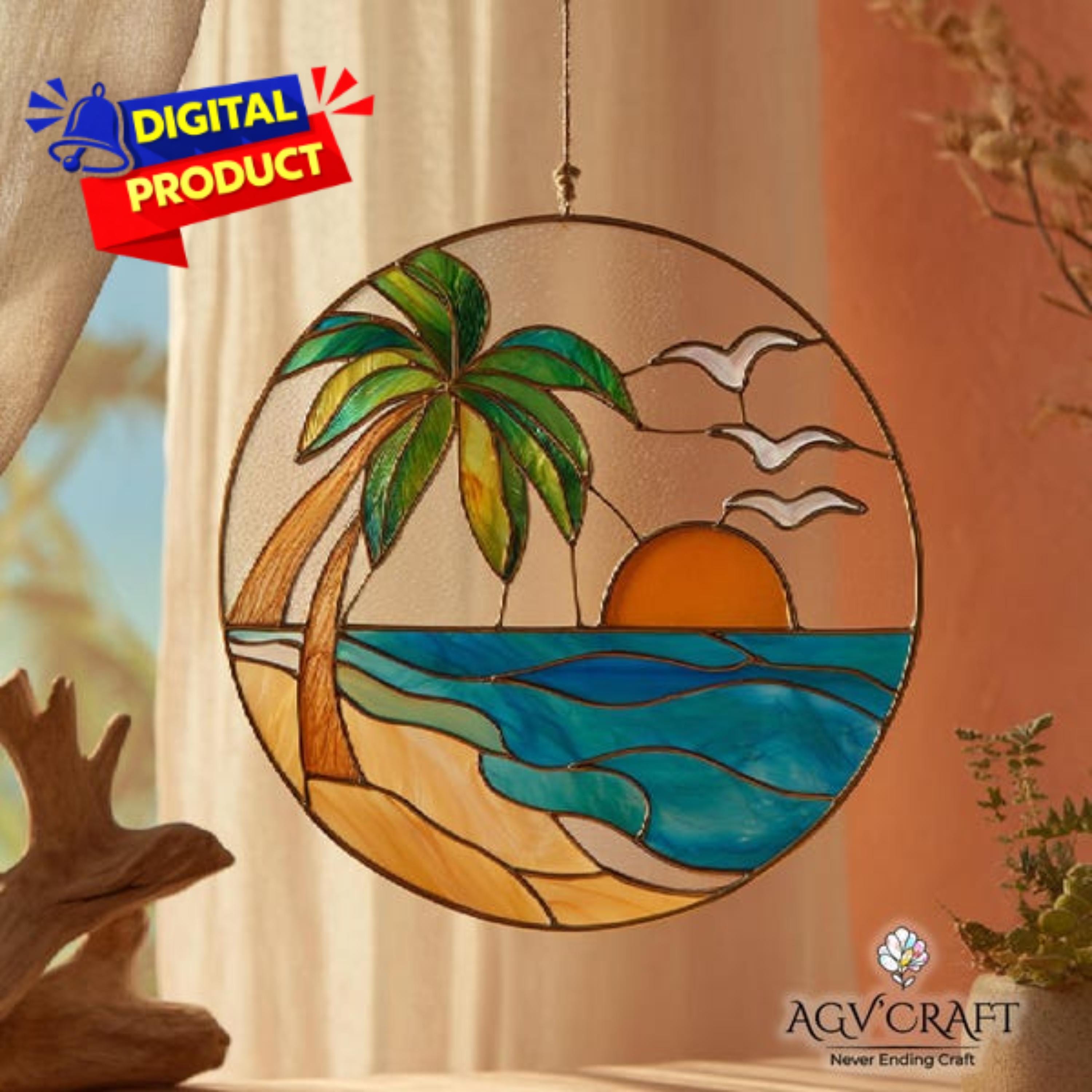 Tropical Beach Stained Glass Pattern, Sunset View Suncatcher, Ocean ...