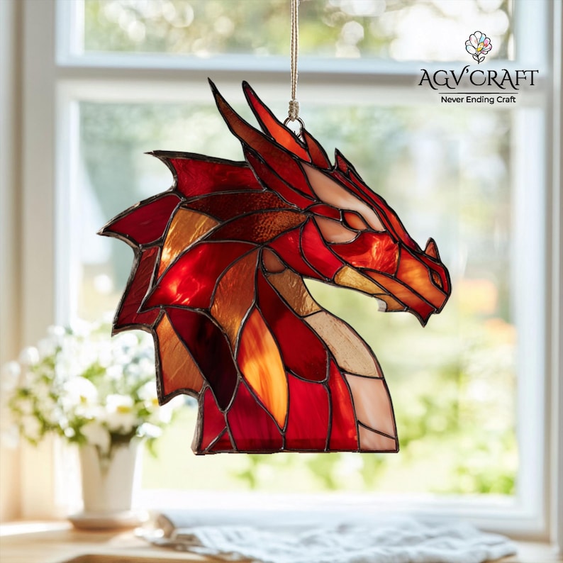 Dragon Head Stained Glass Pattern, Dragon Face Suncatcher, Red Dragon ...