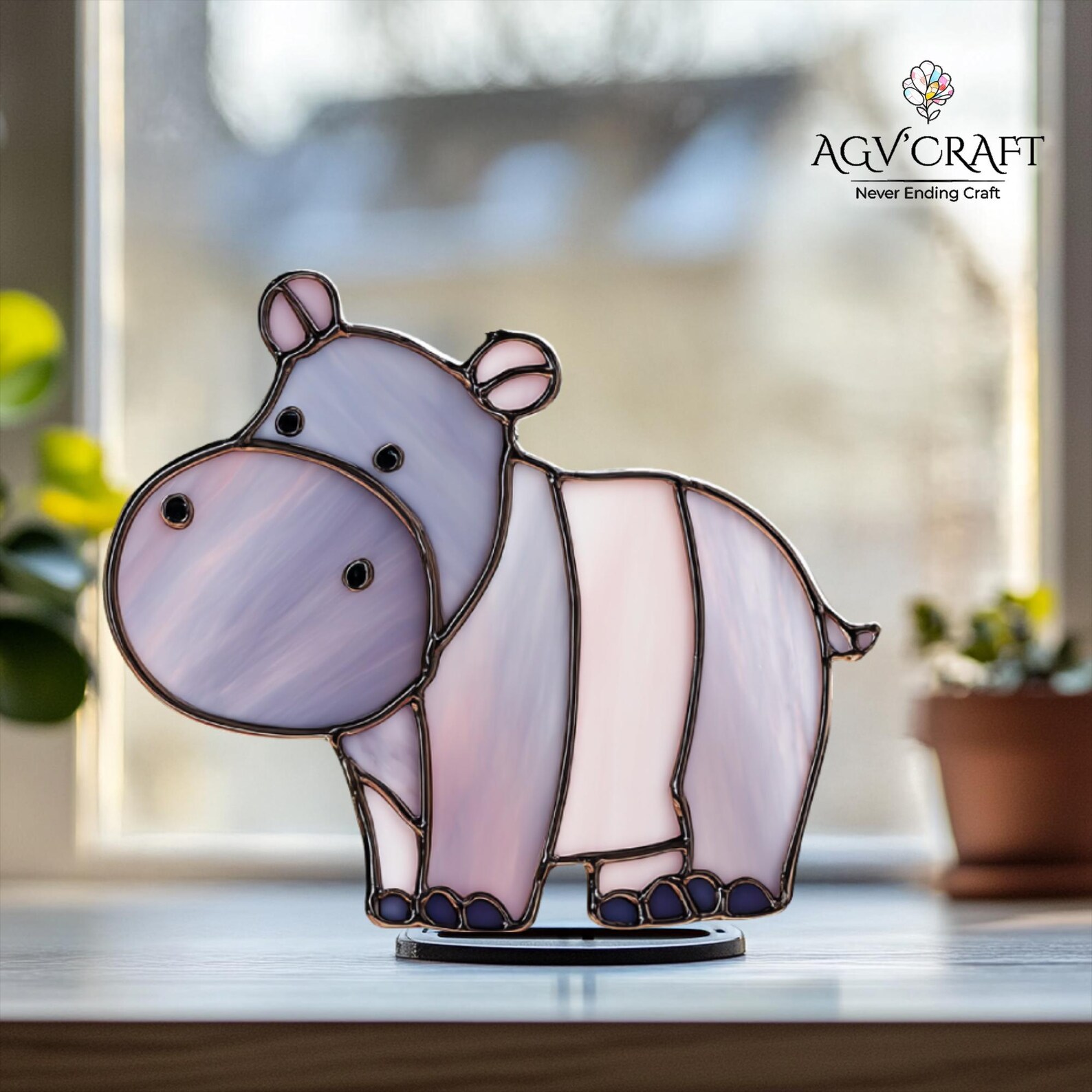 Hippo Stained Glass Pattern, Cute Hippo Suncatcher Template, Home Decor ...