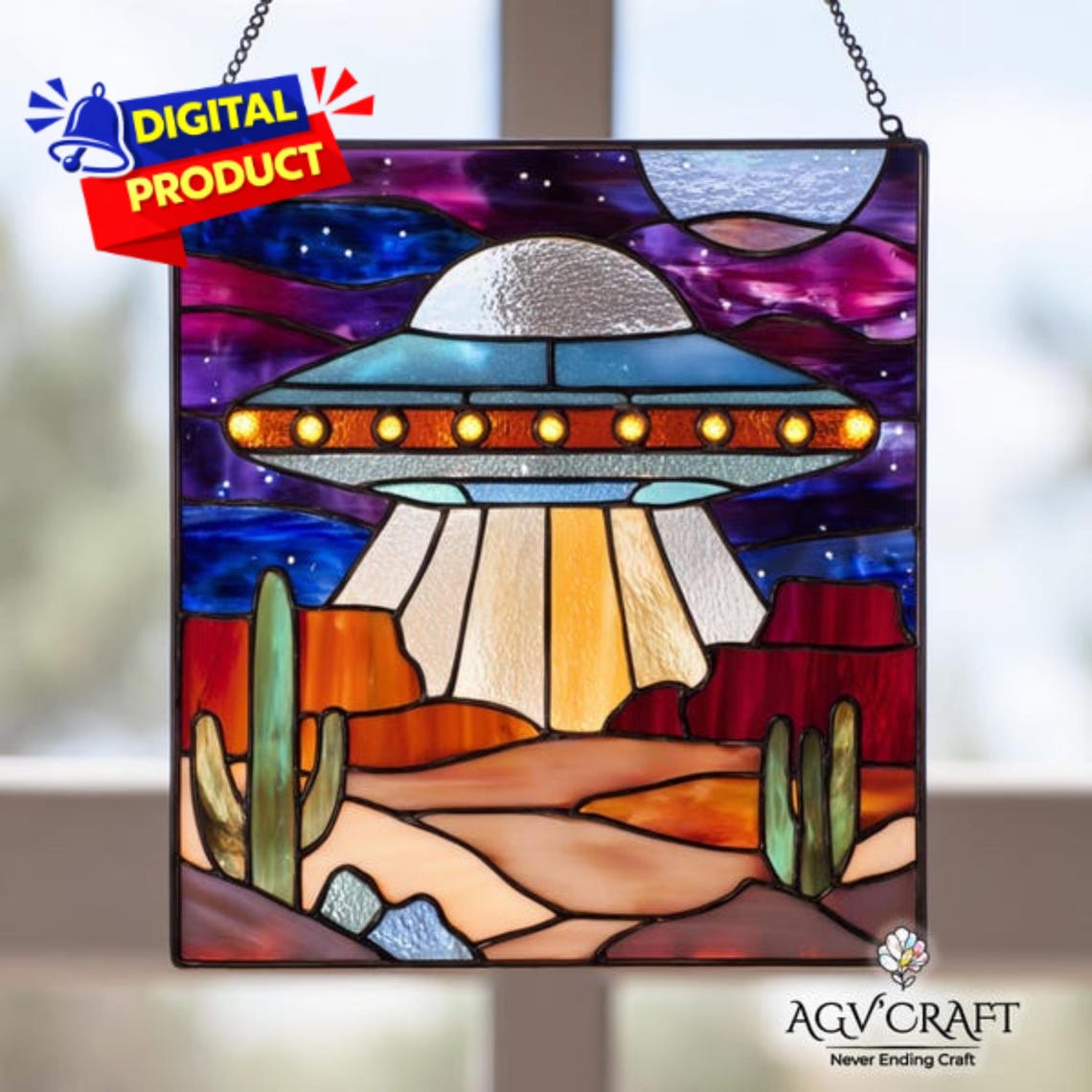 Ufo Over the Desert Stained Glass Pattern, UFO Desert Suncatcher, UFO ...