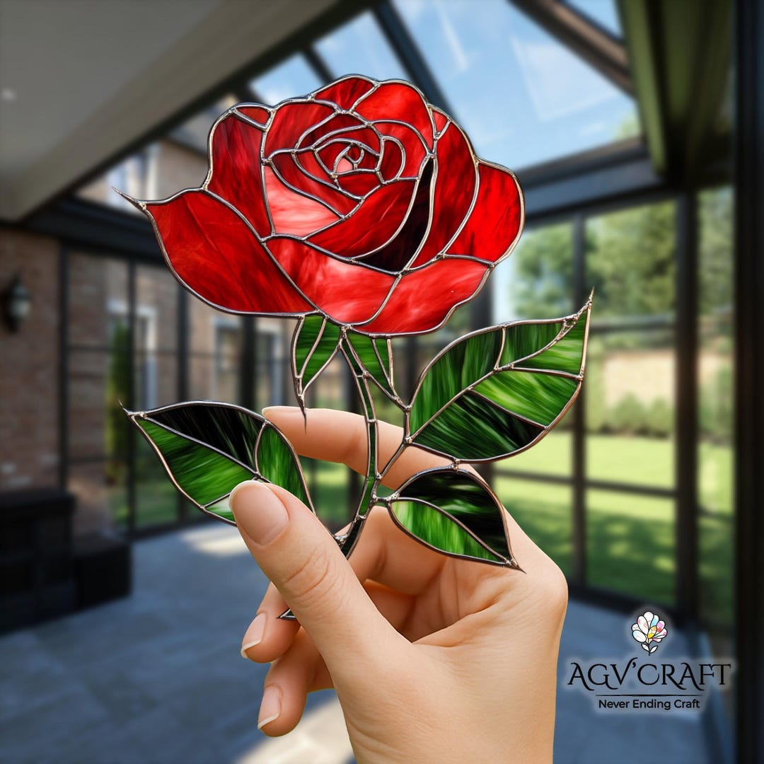 Rose Stained Glass Pattern, Red Rose Stained Glass Pattern, Suncatcher ...
