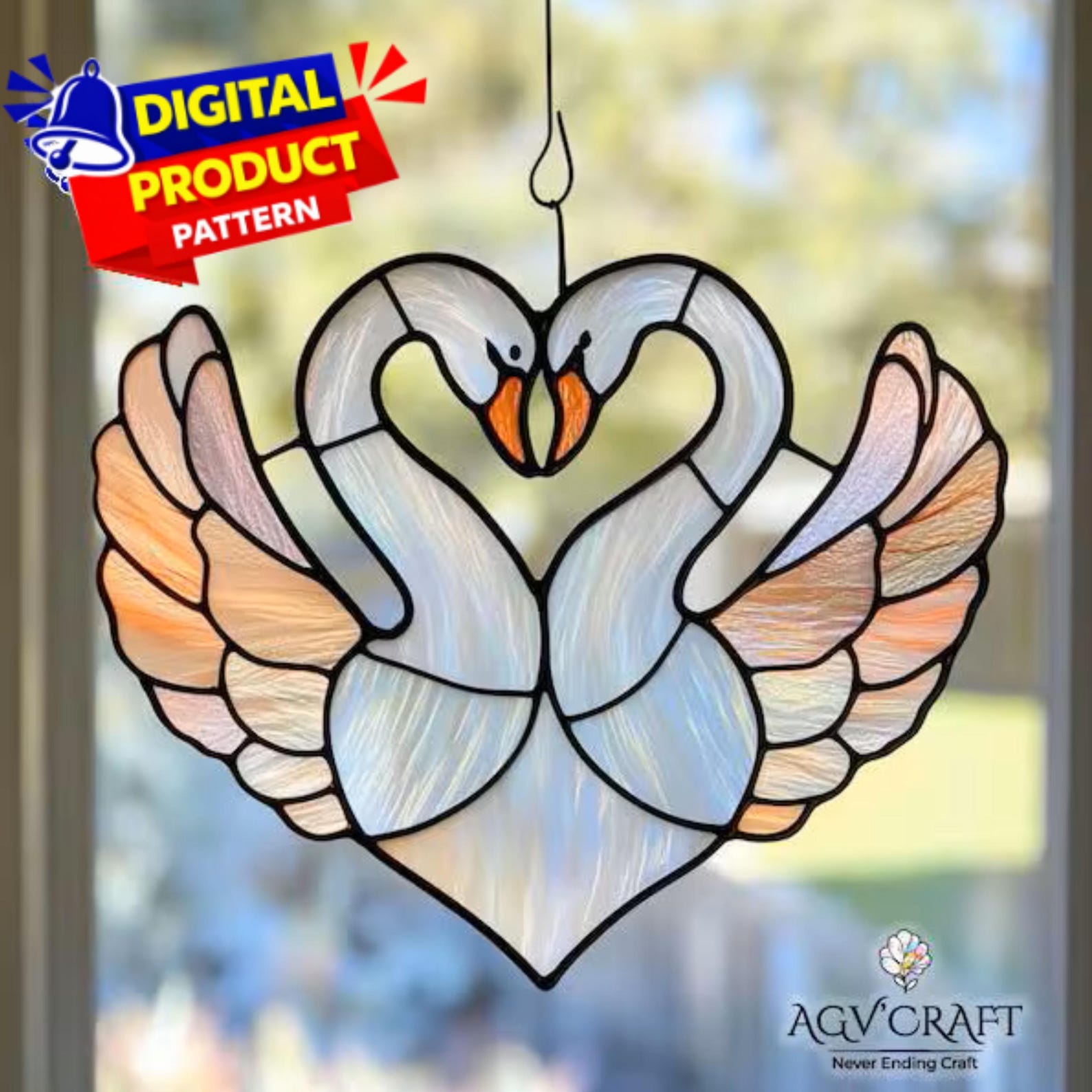 Love Swan Stained Glass Pattern, Romantic Suncatcher Template (PDF ...