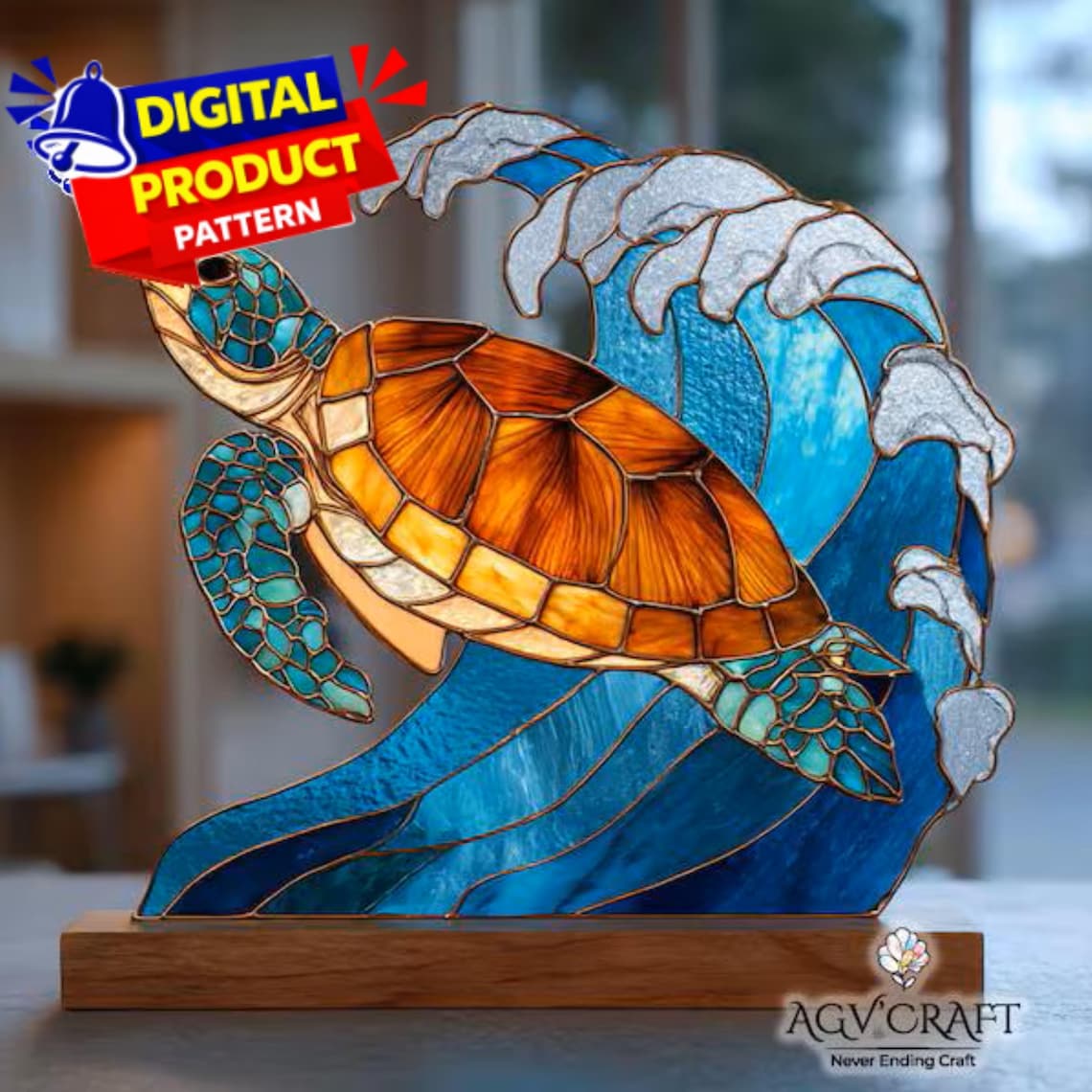 Turtle on Waves Stained Glass Pattern, Turtle With Waves Suncatcher ...
