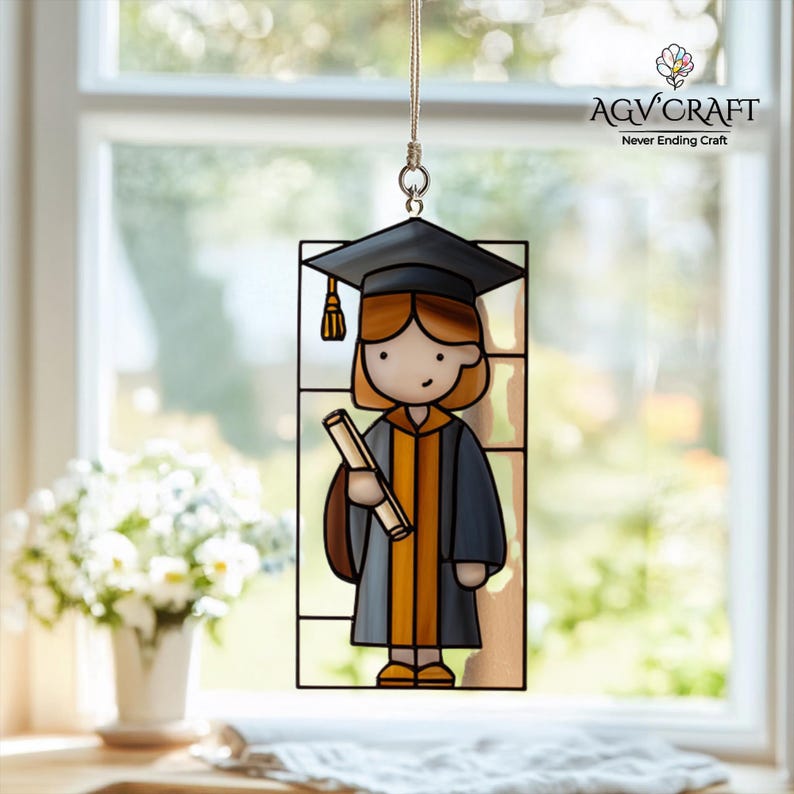 Graduate Girl Stained Glass Pattern, Graduation Suncatcher, Home Decor ...