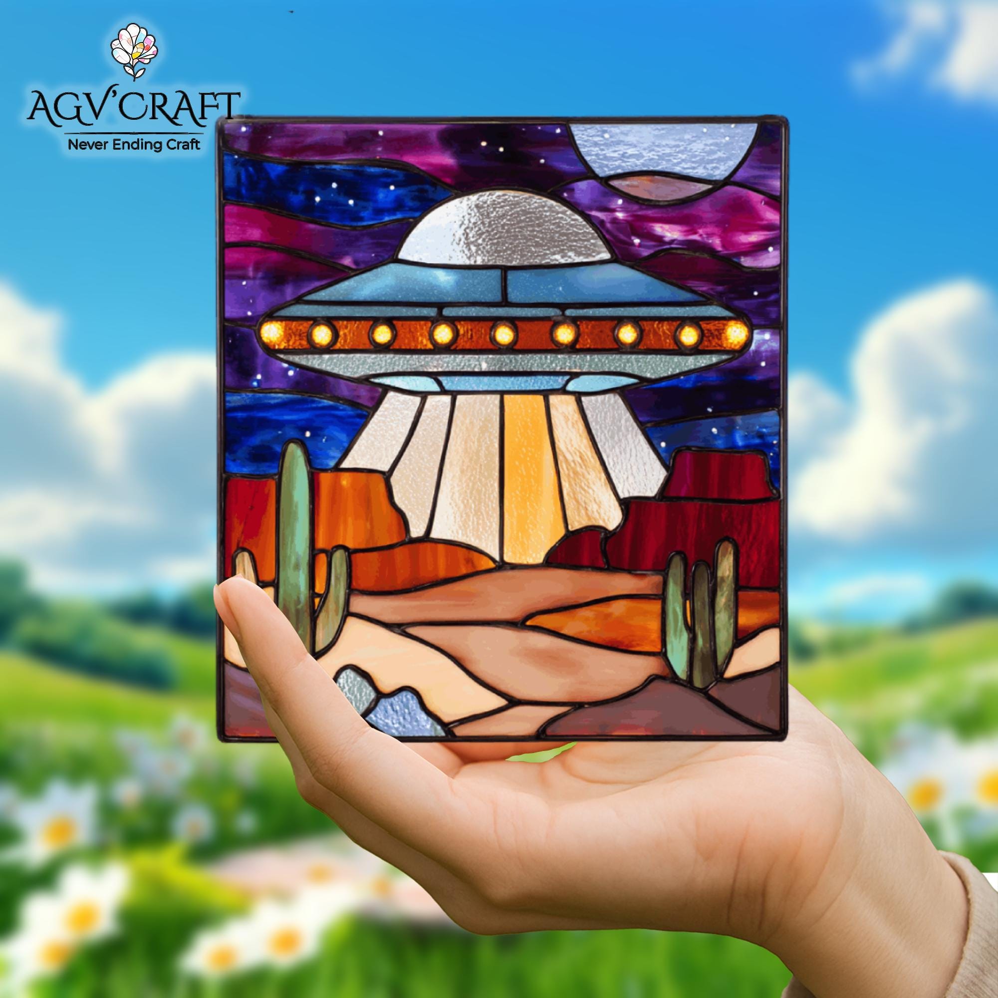 Ufo Over the Desert Stained Glass Pattern, UFO Desert Suncatcher, UFO ...
