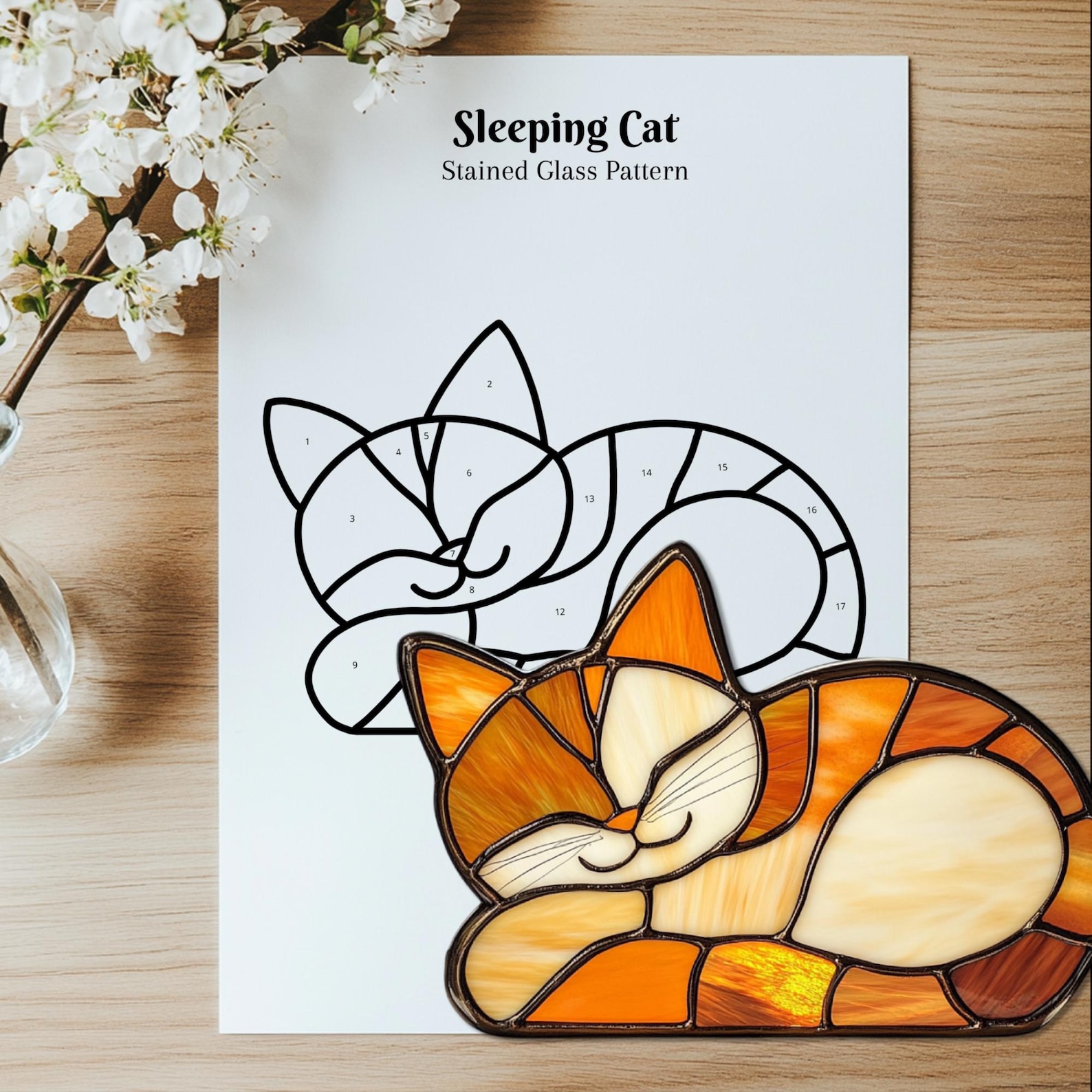 Sleeping Cat Stained Glass Pattern, Cat Suncatcher, Pet Stained Glass ...