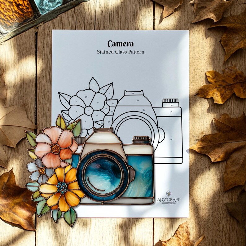 Floral Camera Stained Glass Pattern, DIY Suncatcher (PDF Pattern ...