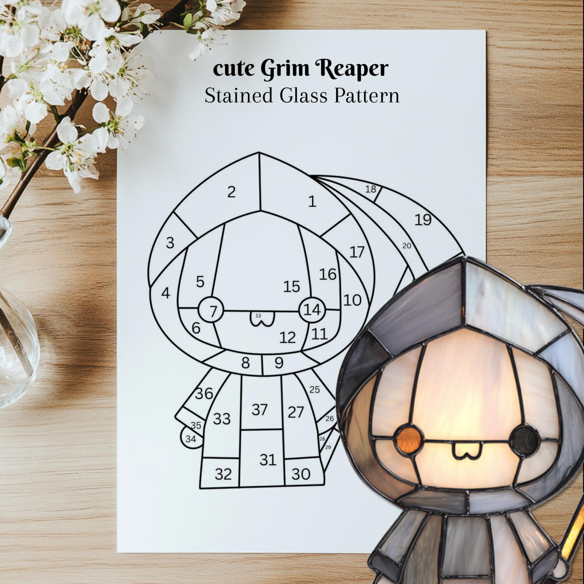 Grim Reaper Stained Glass Pattern, Grim Reaper Suncatcher, Cute Grim ...
