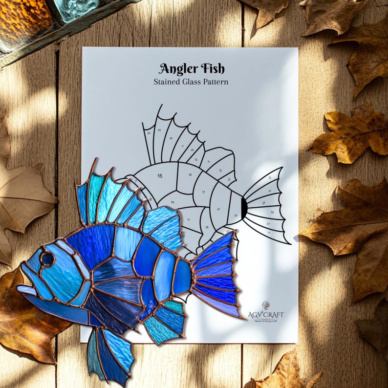 Anglerfish Stained Glass Pattern, Anglerfish Suncatcher, Blue ...