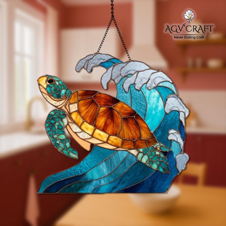 Turtle on Waves Stained Glass Pattern, Turtle With Waves Suncatcher ...