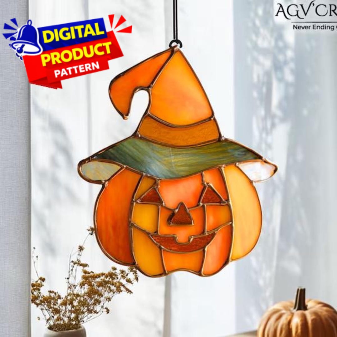 Pumpkin Face Stained Glass Pattern, Scary Pumpkin Suncatcher Template ...