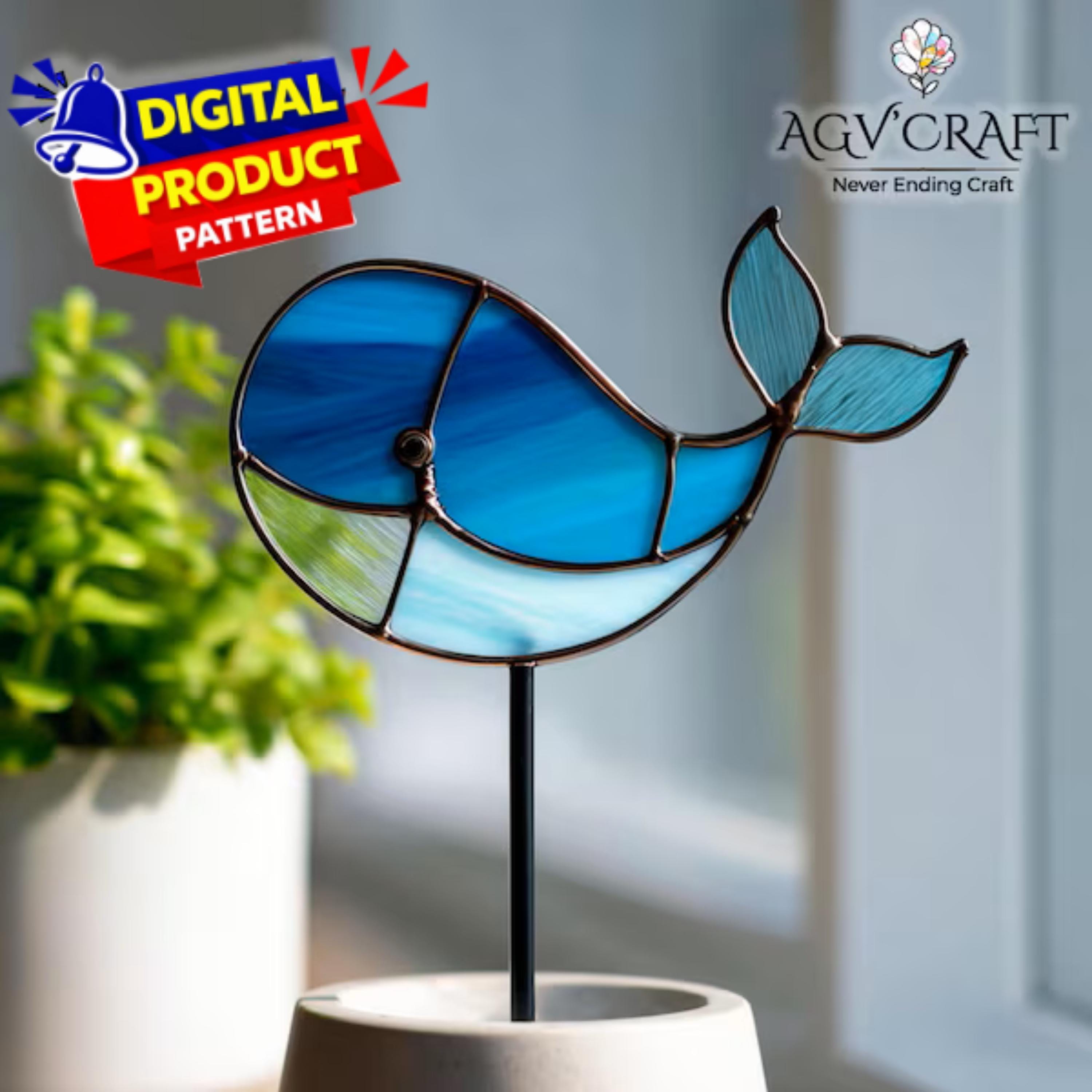 Blue Whale Stained Glass Plant Stakes Pattern, Whale Suncatcher, Whale ...