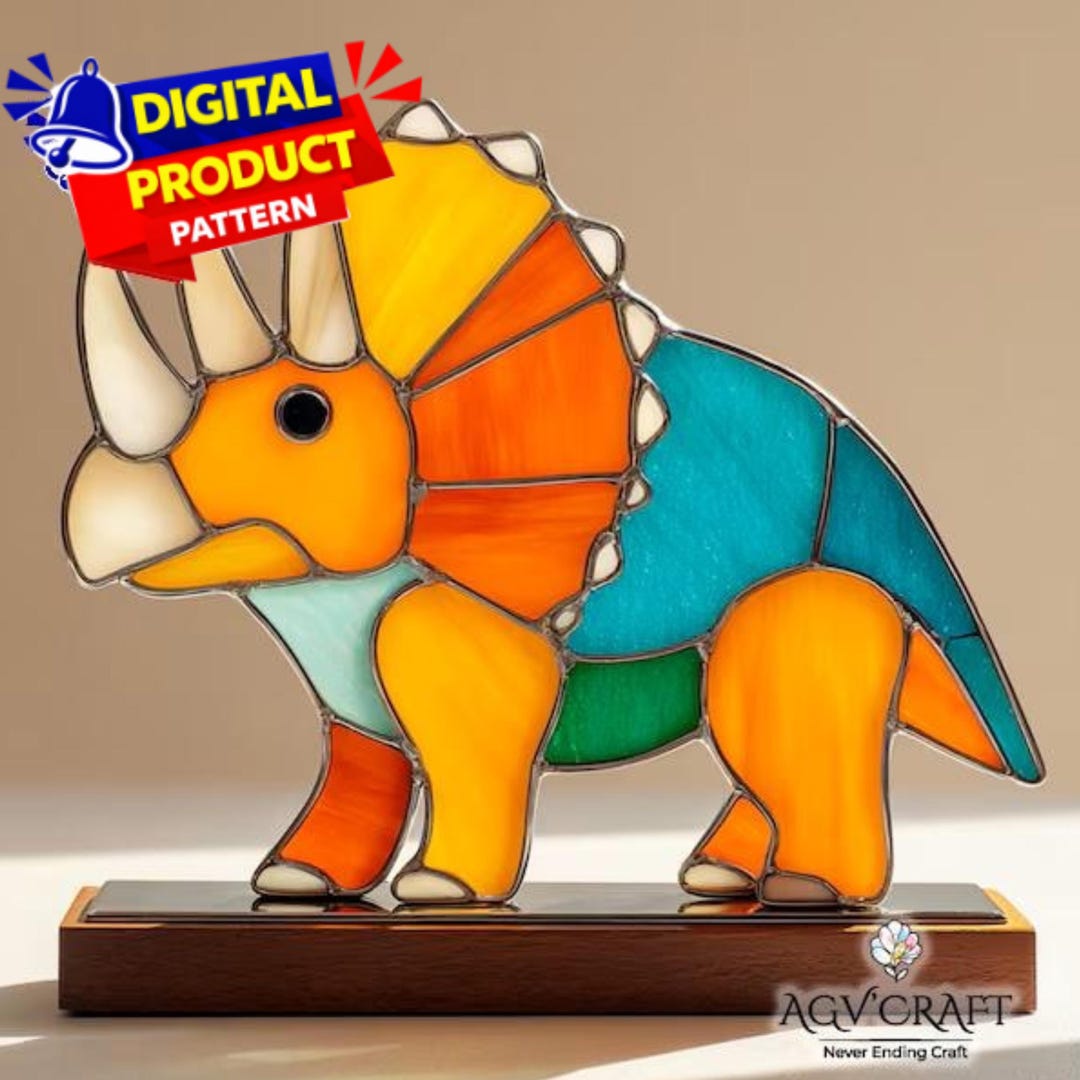 Colorful Triceratops Stained Glass Pattern, Dinosaur Suncatcher (PDF ...