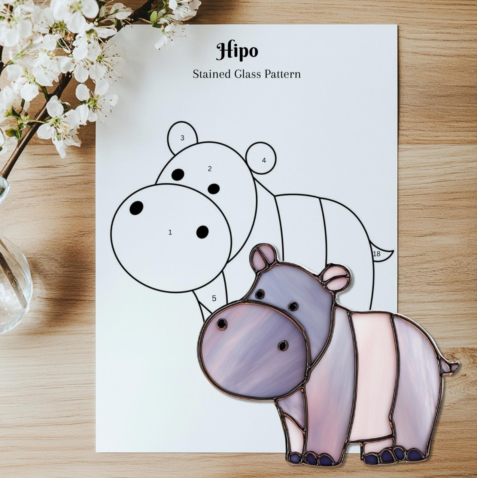Hippo Stained Glass Pattern, Cute Hippo Suncatcher Template, Home Decor ...