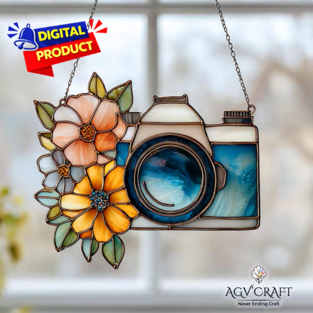 Floral Camera Stained Glass Pattern, DIY Suncatcher (PDF Pattern ...
