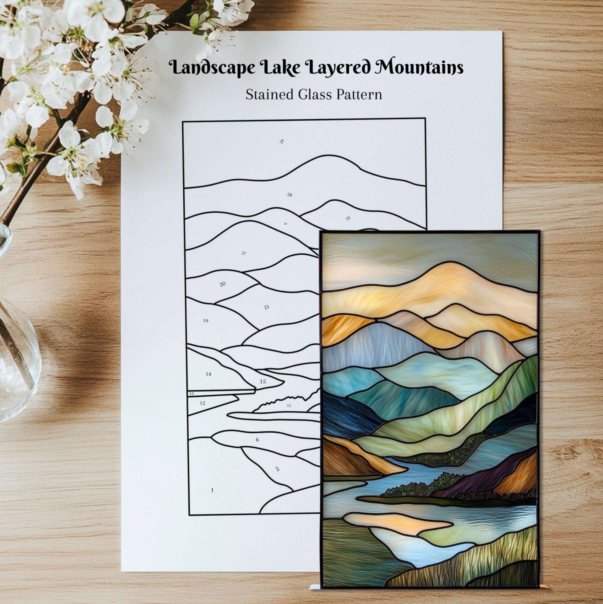 Landscape Mountain River Stained Glass Pattern, Mountain River ...